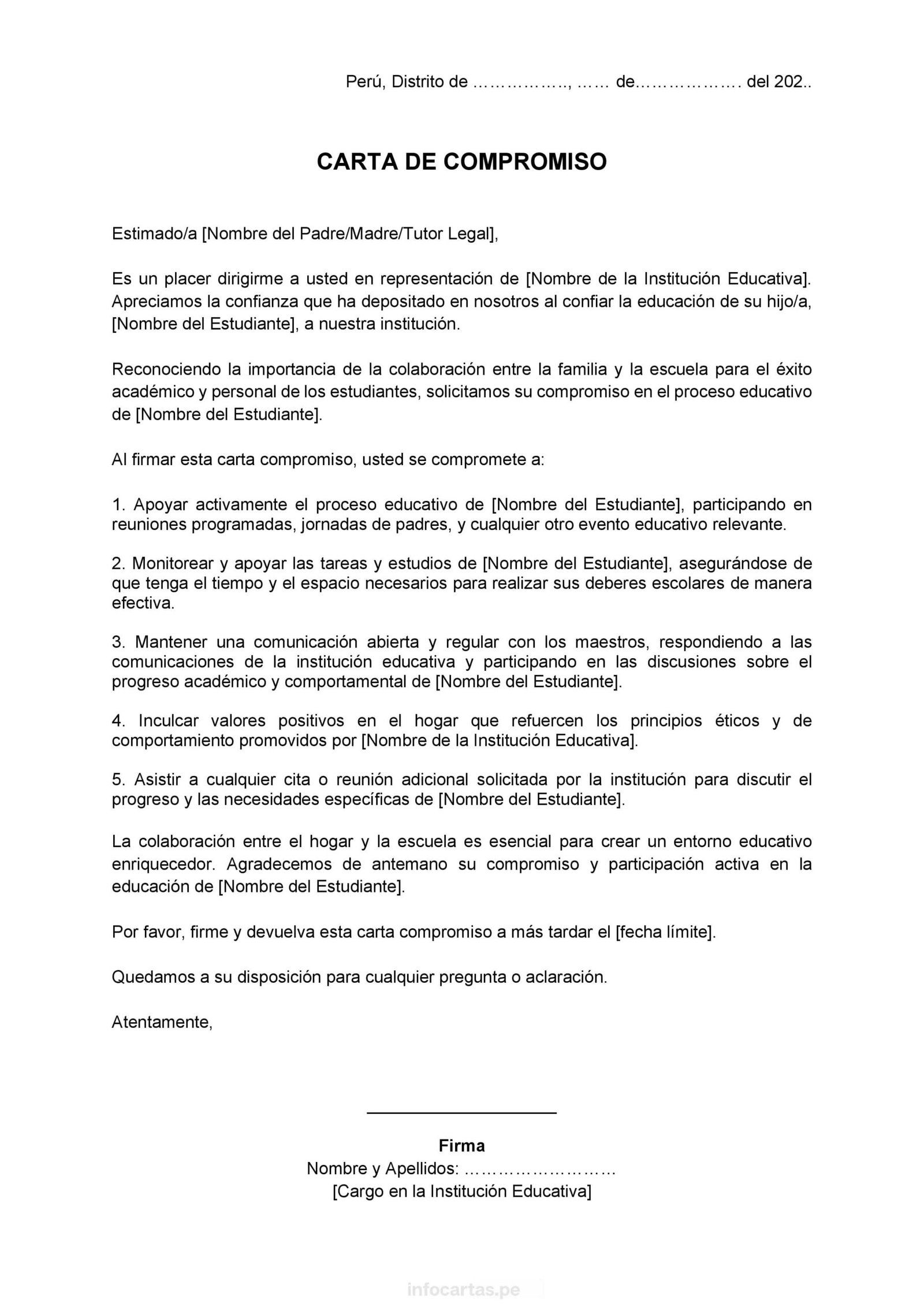Carta de Compromiso de Padres de Familia para Alumnos de Secundaria